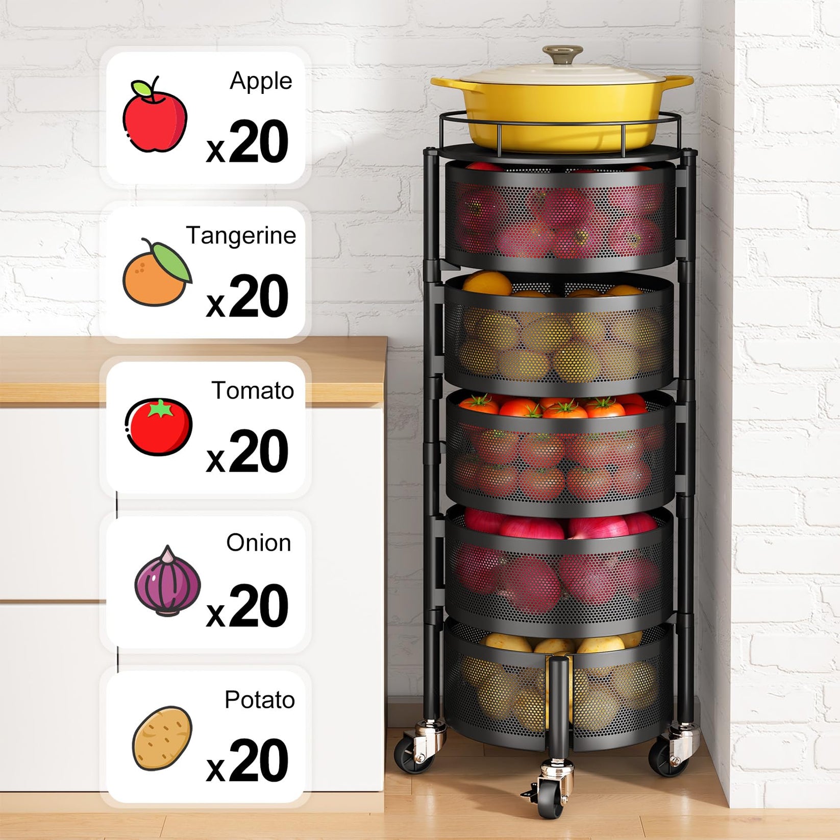 SNTD 5 Tier Rotating Storage Rack Cart for Potato Onion Bread Banana